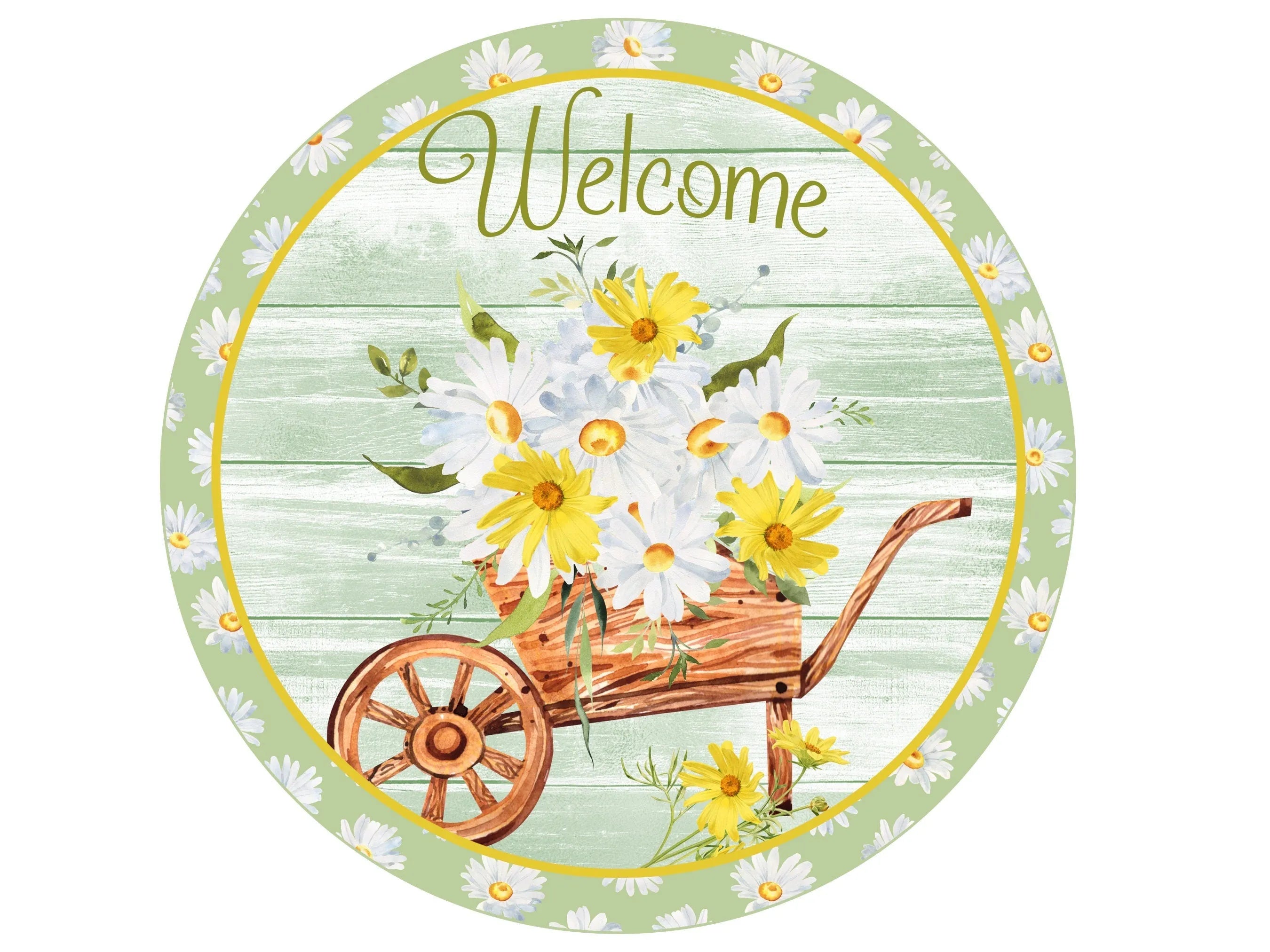 green and white daisy wheelbarrow spring sign, farmhouse shiplap yello ...
